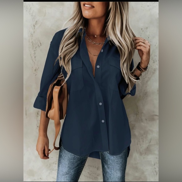Tops | Nwot Classic Navy Button Down Shirt With Pockets Size 2x | Poshmark